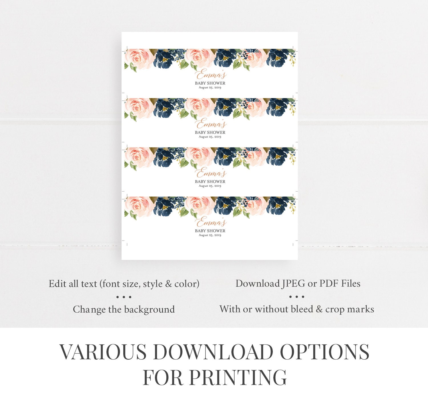 Navy Blush Floral Editable Water Bottle Labels, Pink Blue Floral Water ...