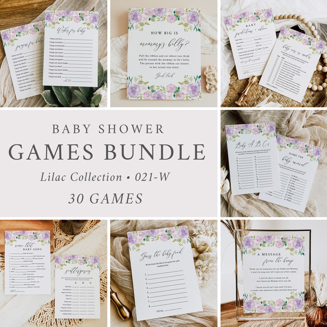 Lilac Floral Baby Shower Games Bundle Girl Baby Shower Games Pack ...