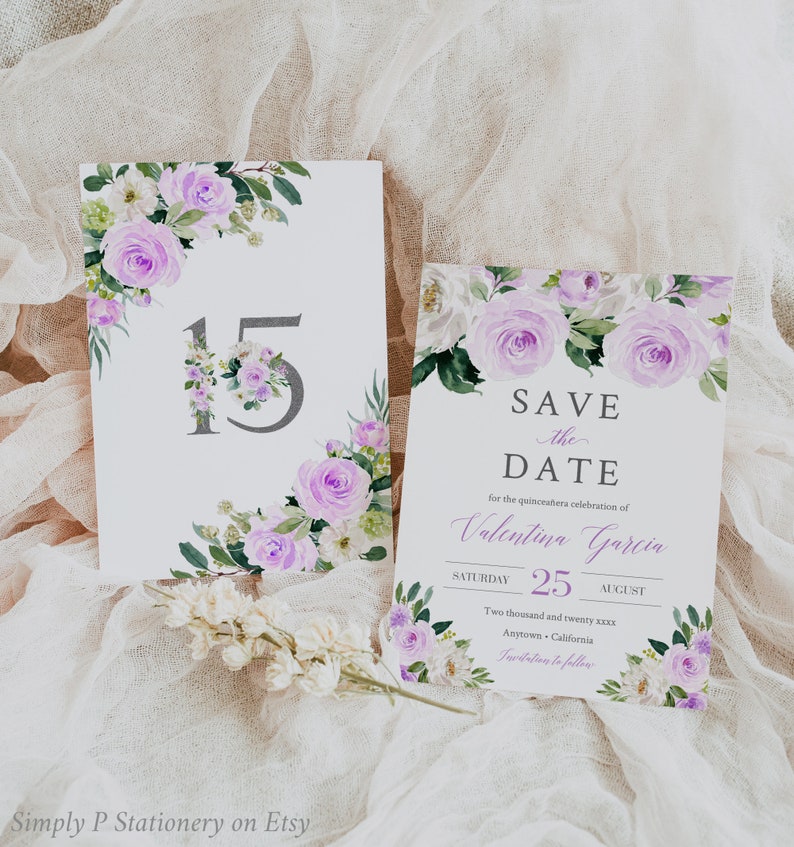 Lilac Quinceanera Save the Date, Lavender Floral Mis Quince Save the ...