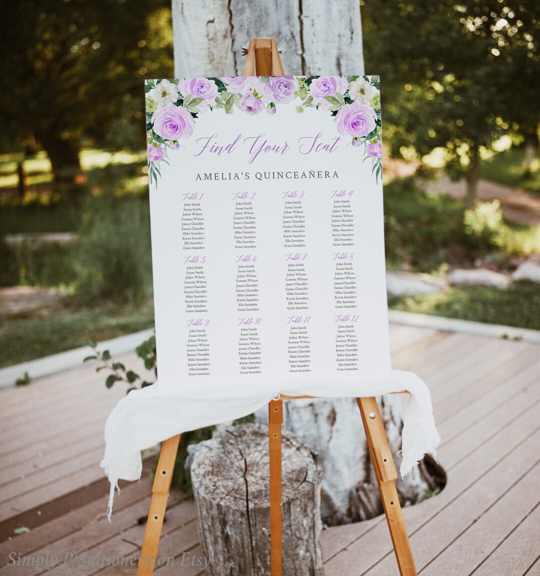 Lilac Quinceanera Seating Chart Template, Floral Table Plan Poster ...