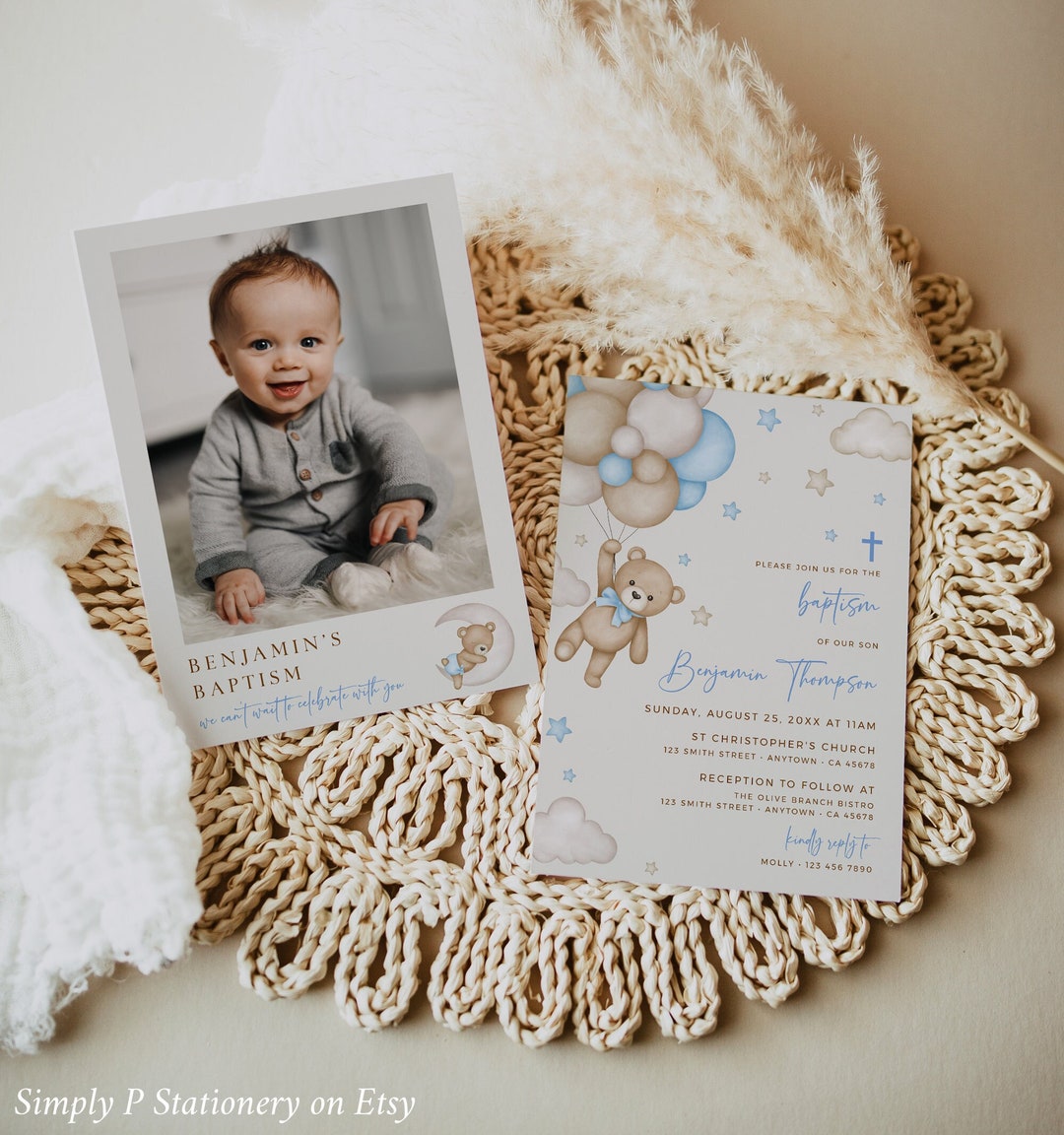Bear Baptism Invitation Boy, Teddy Bear Christening Invite, Printable ...