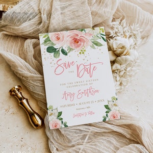 Sweet Sixteen Save the Date, Sweet 16 Save the Date Card, Blush Floral ...