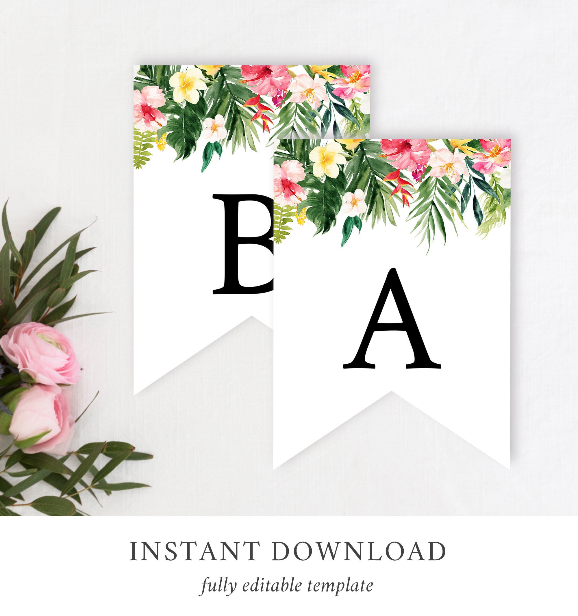 Tropical Floral Editable Bunting, Pink Hibiscus DIY Banner Template ...