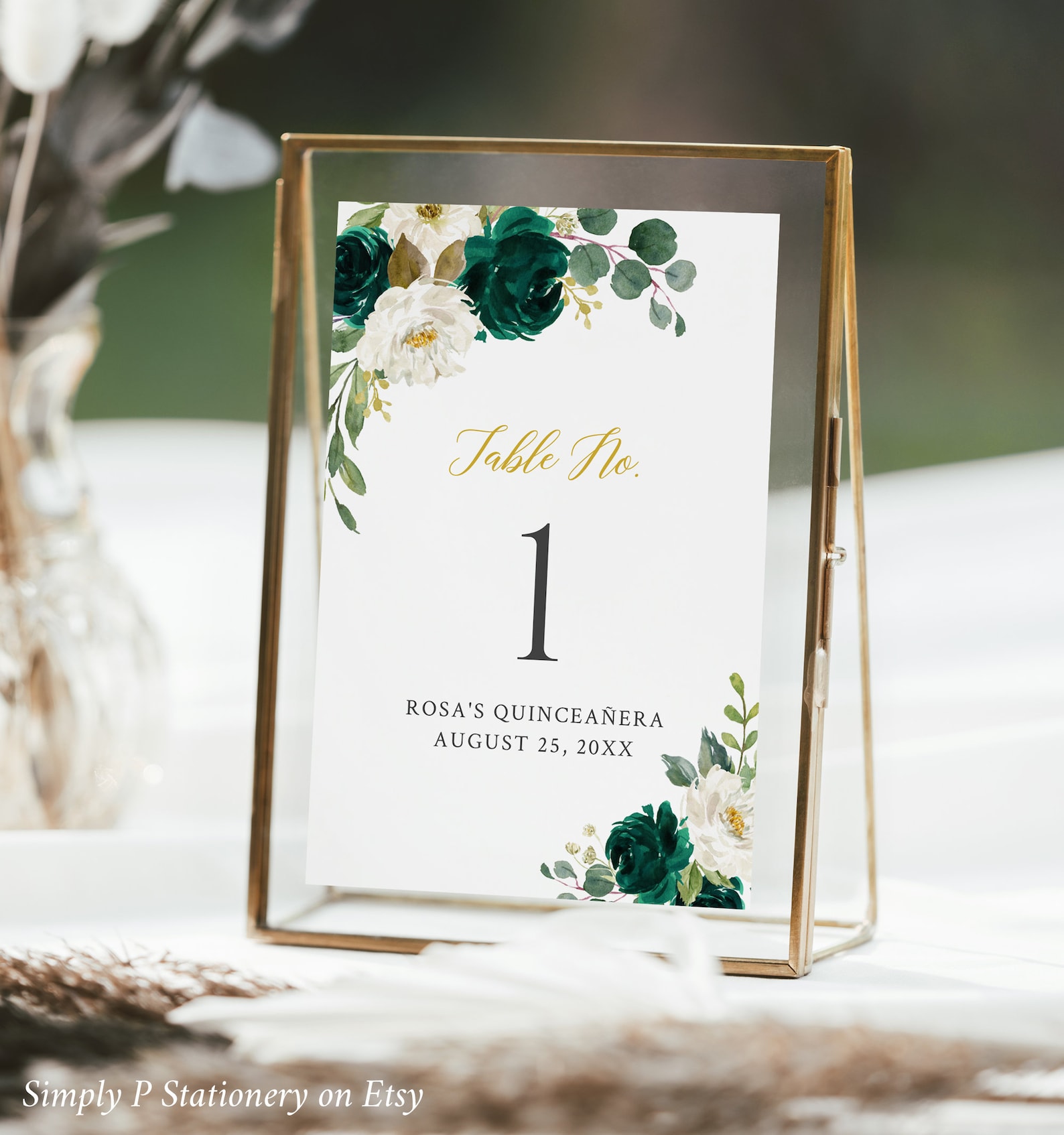 Quinceanera Table Numbers, Emerald Gold Quince Table Number Template ...
