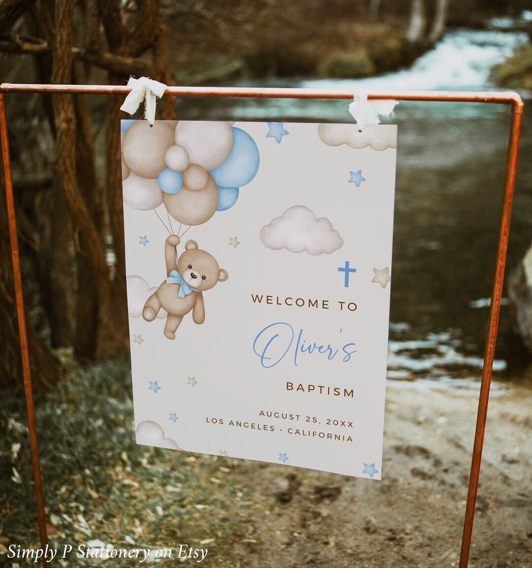 Teddy Bear Baptism Welcome Sign Boy Christening Welcome Poster, Bear ...