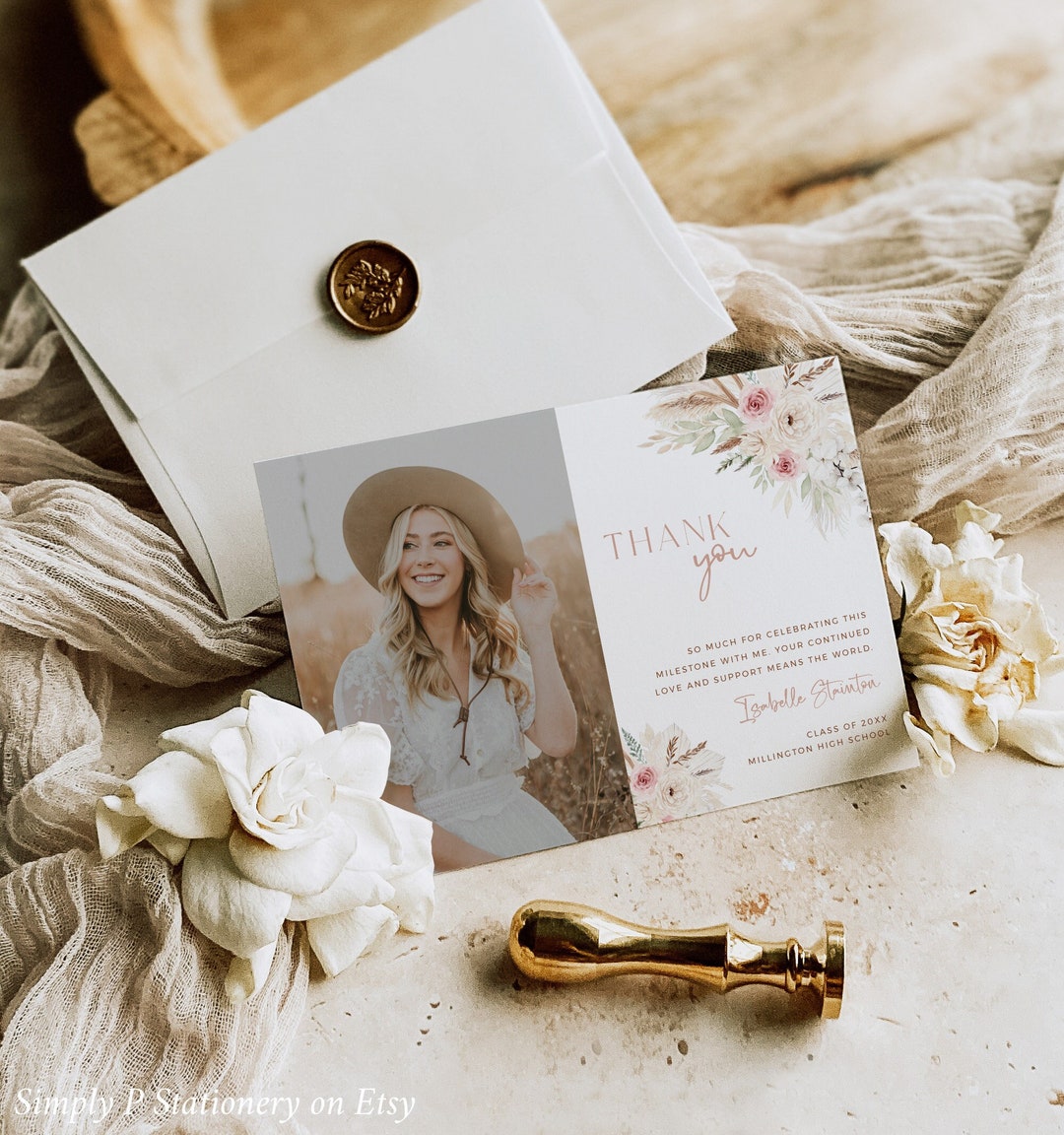 Boho Graduation Thank You Card Template, Printable Blush Thank You Card ...