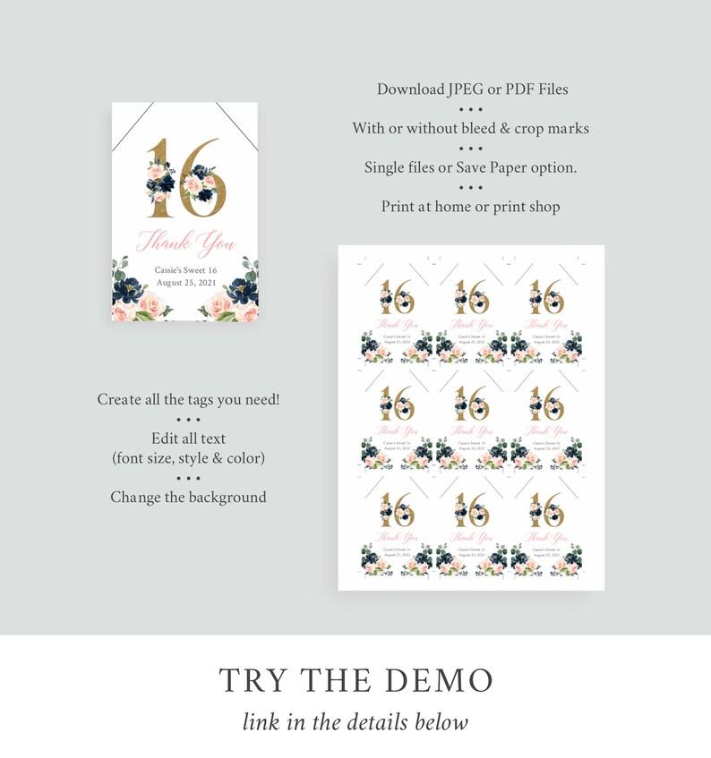 Editable Sweet 16 Tag Navy Blush Gold Floral Favor Tag - Etsy