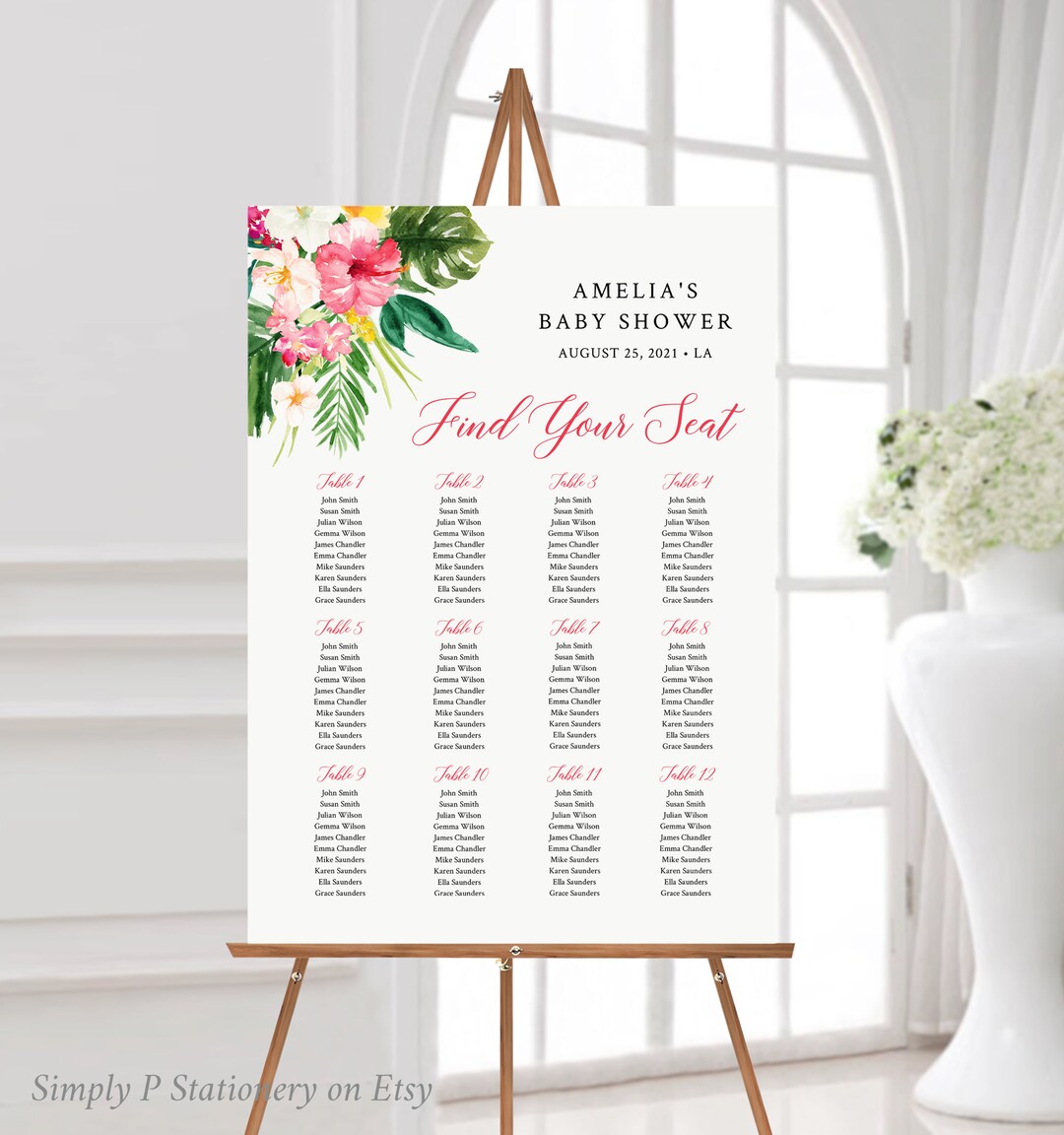 Tropical Editable Seating Chart, Printable Table Plan Template, Baby ...