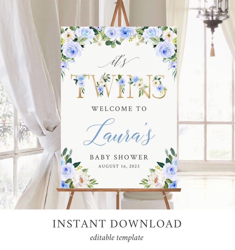 Twins Blue Floral Editable Baby Shower Welcome Sign, It's Twins Sign ...
