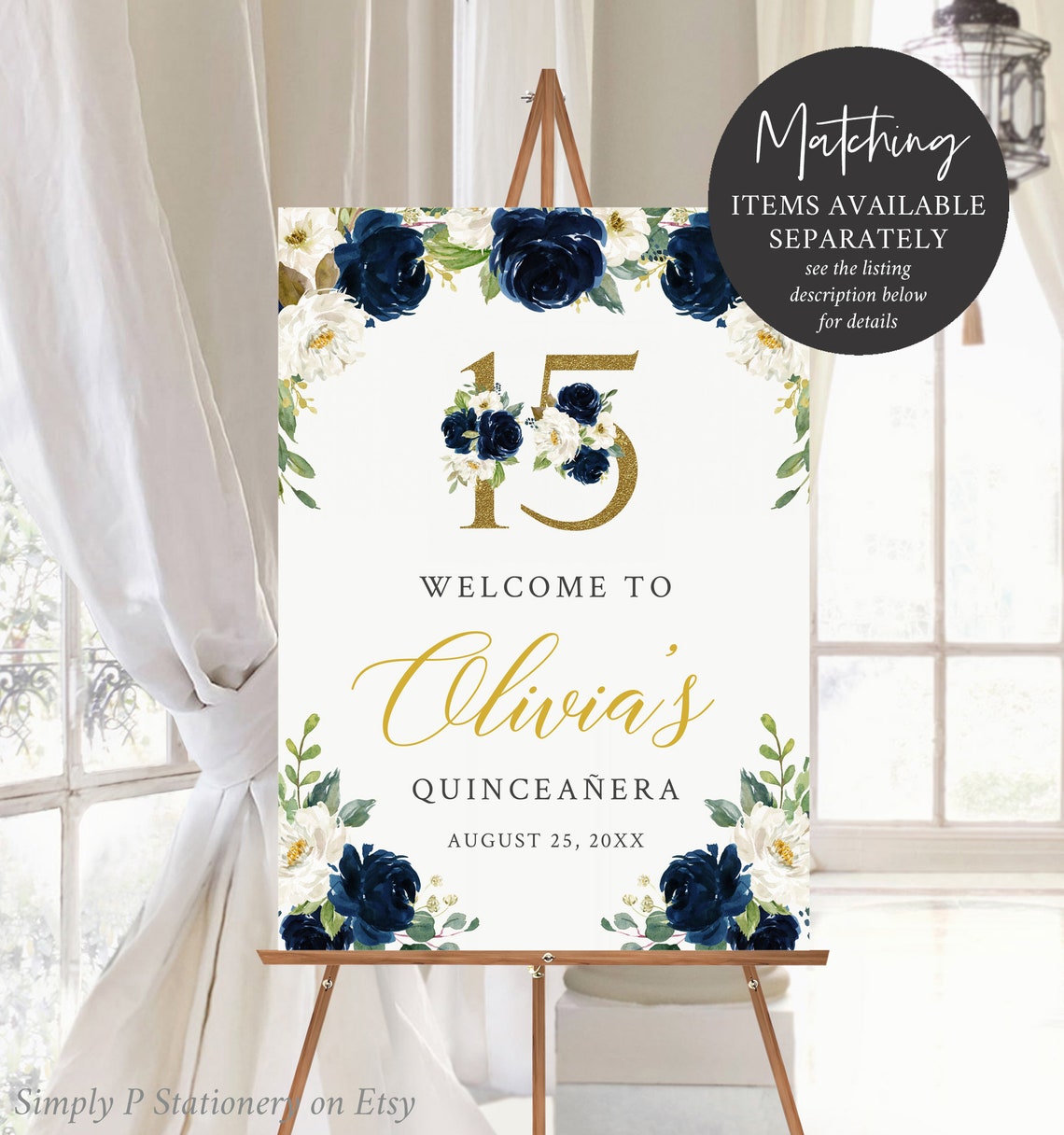 Editable Navy White Gold Floral Buffet Labels, Blue Buffet Label ...
