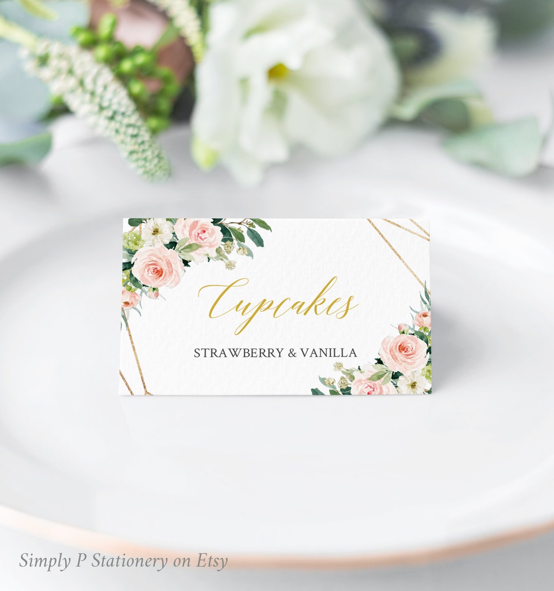 Blush Gold Geometric Editable Buffet Labels, Pink Greenery Food Label ...