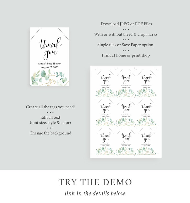 Eucalyptus Editable Tag Botanical Favor Tag Template - Etsy