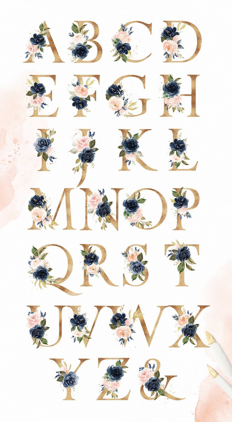 Gold Navy Blush Monogram Printable Nursery Art Blush Floral | Etsy