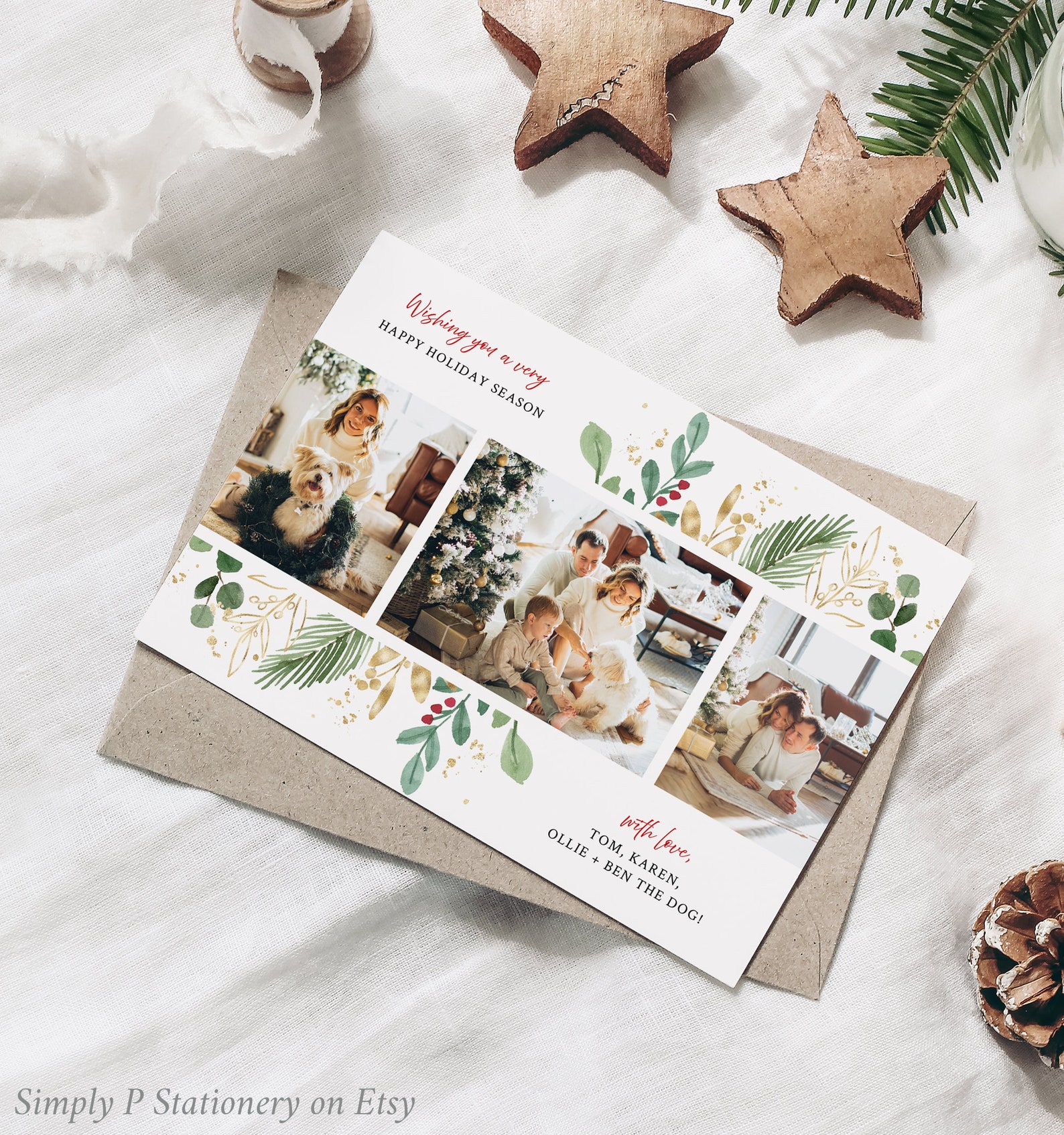 Printable Red Gold Green Holiday Card Template Editable Photo - Etsy