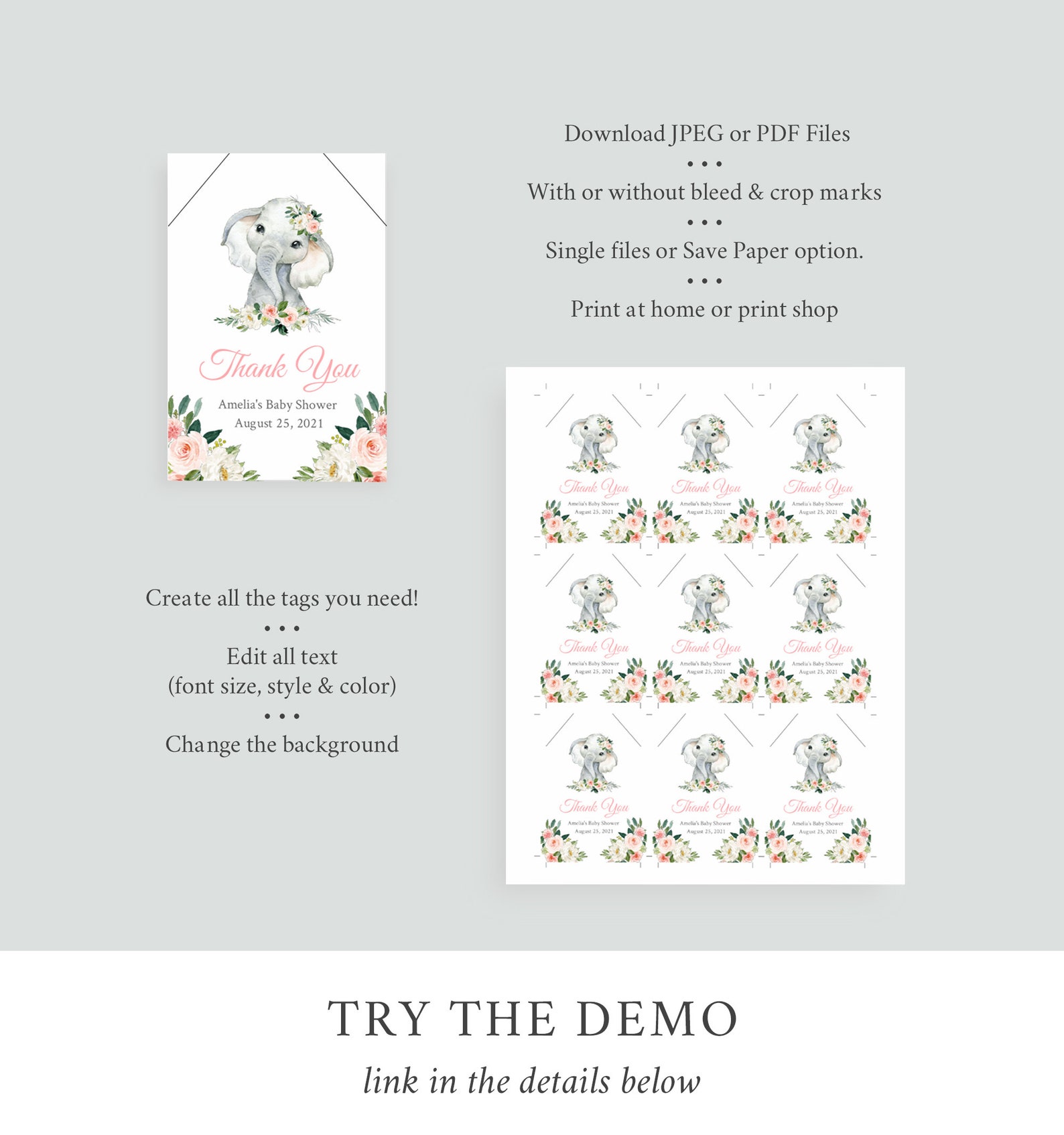 Pink Floral Elephant Editable Tag, Blush Green Favor Tag Template, Girl ...