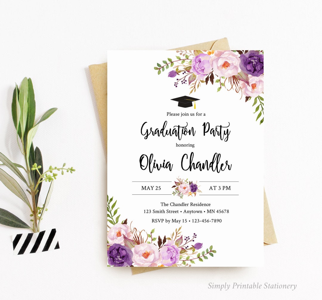 Purple Floral Editable Graduation Party Invitation, Printable Invite ...