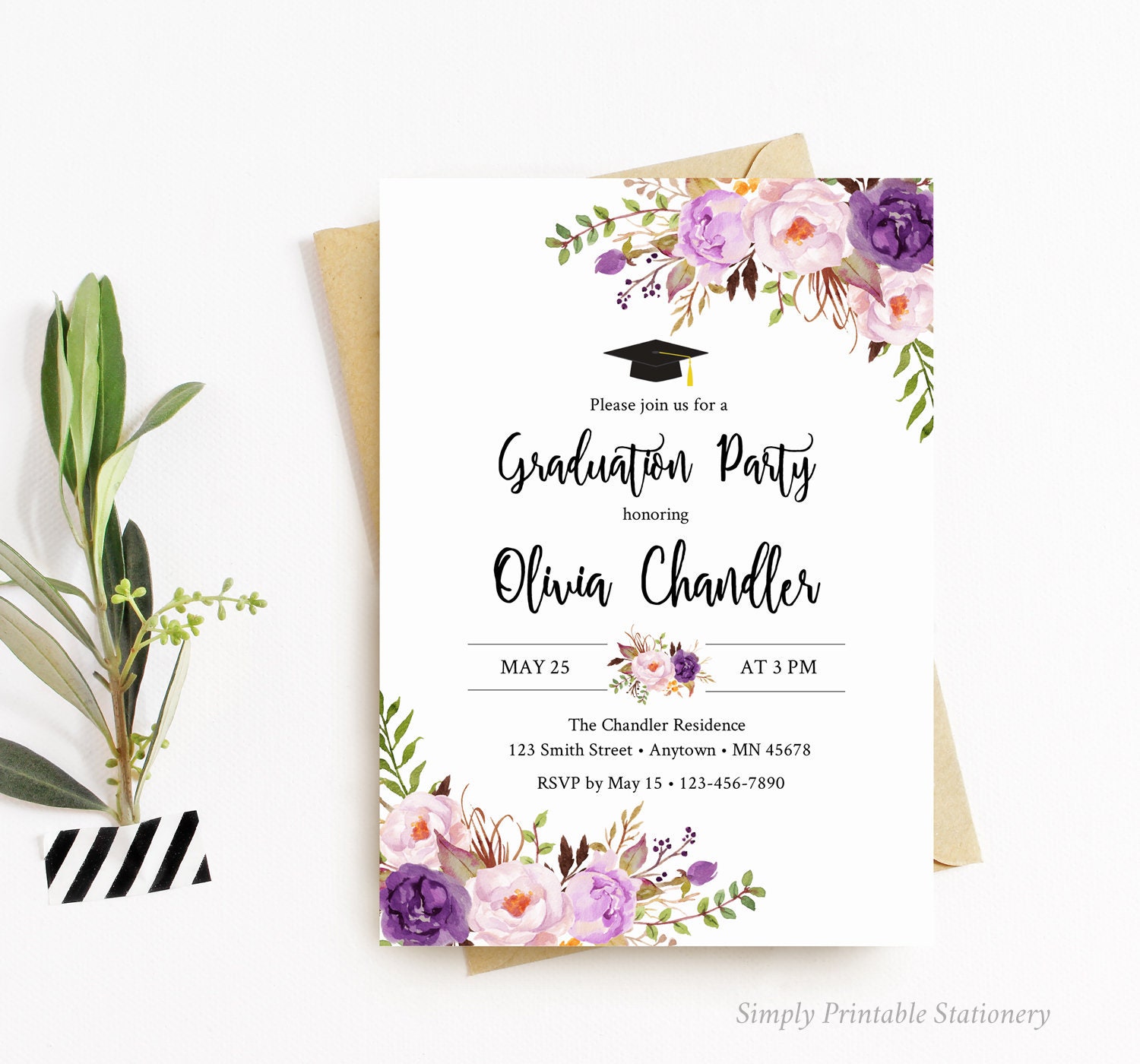 Purple Floral Editable Graduation Party Invitation, Printable Invite ...