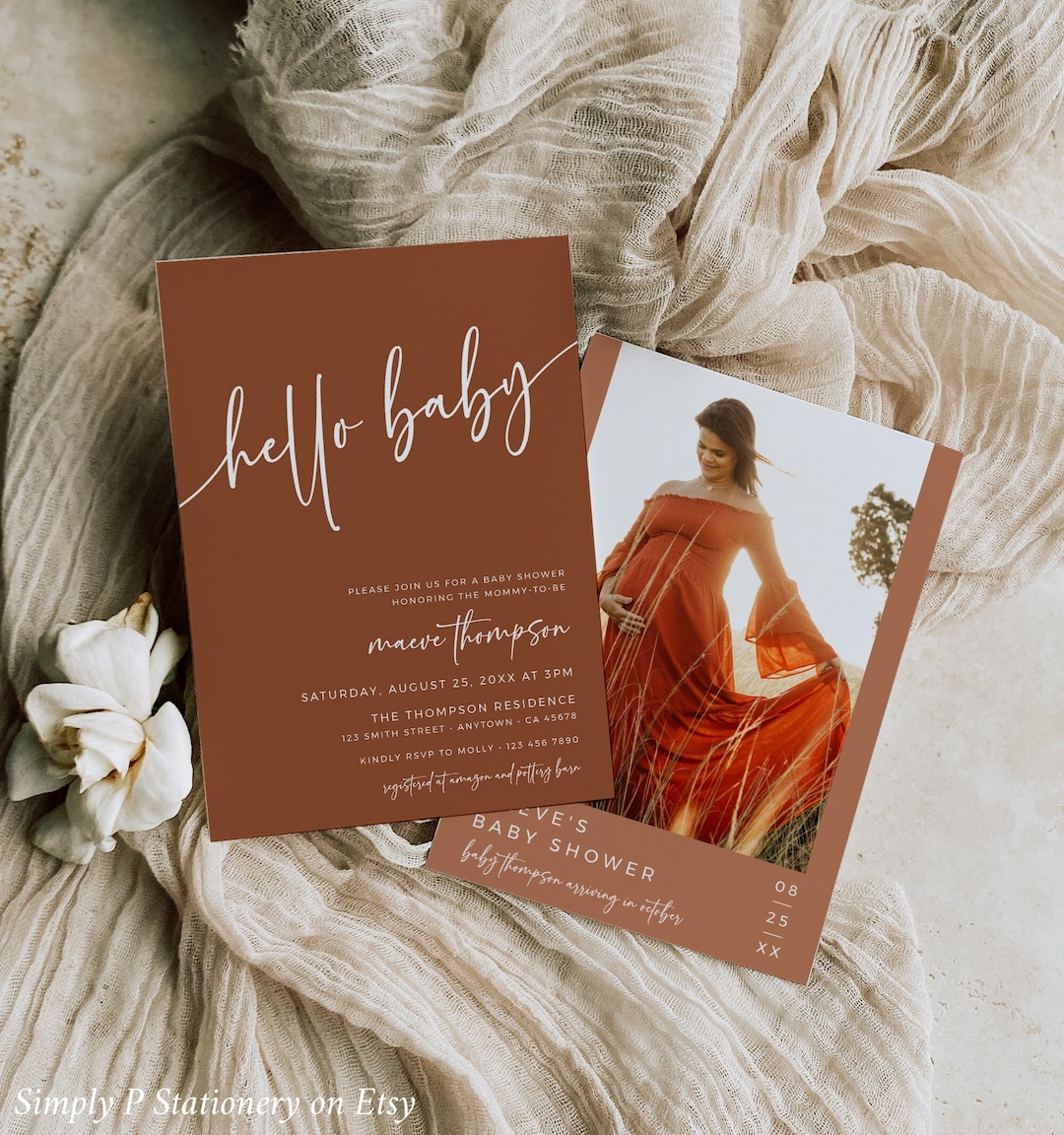 Terracotta Baby Shower Invitation, Boho Baby Shower Invite, Hello Baby ...