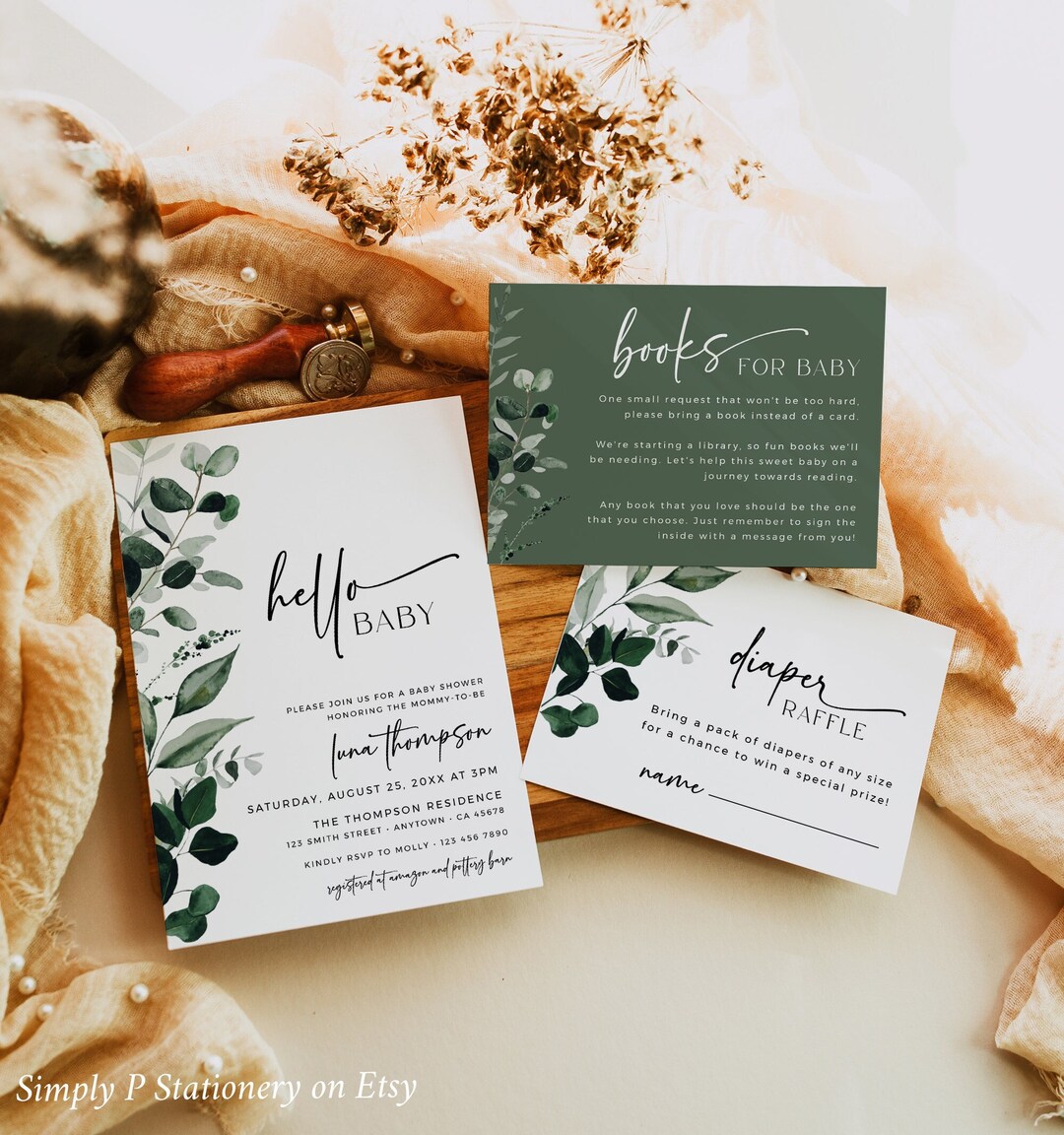Greenery Baby Shower Invitation Set, Botanical Baby Shower Bundle ...