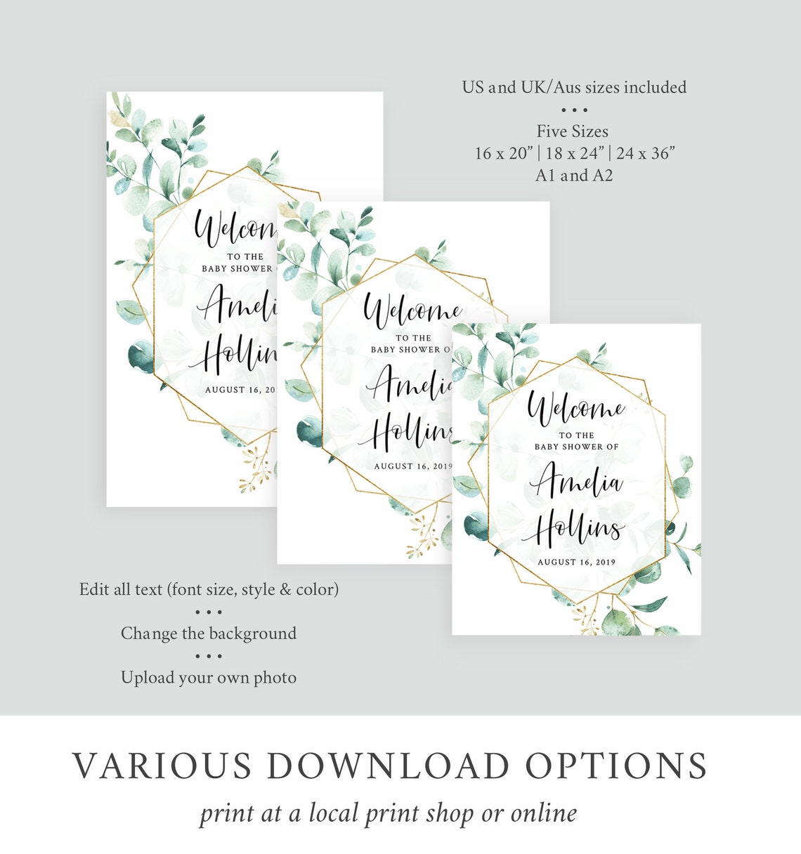 Eucalyptus Geometric Editable Welcome Sign, Greenery Baby Shower Sign ...