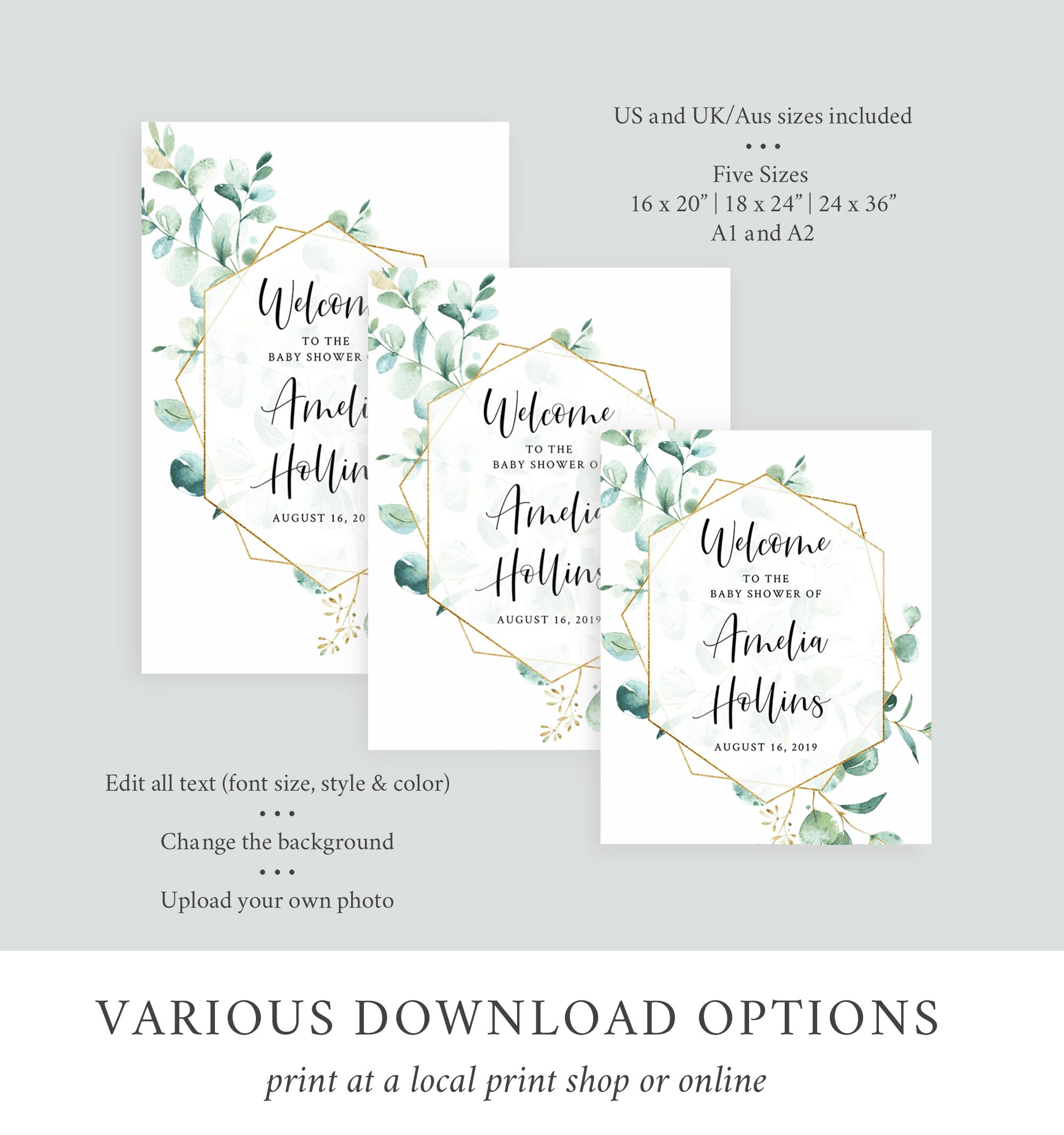 Eucalyptus Geometric Editable Welcome Sign Greenery Baby - Etsy