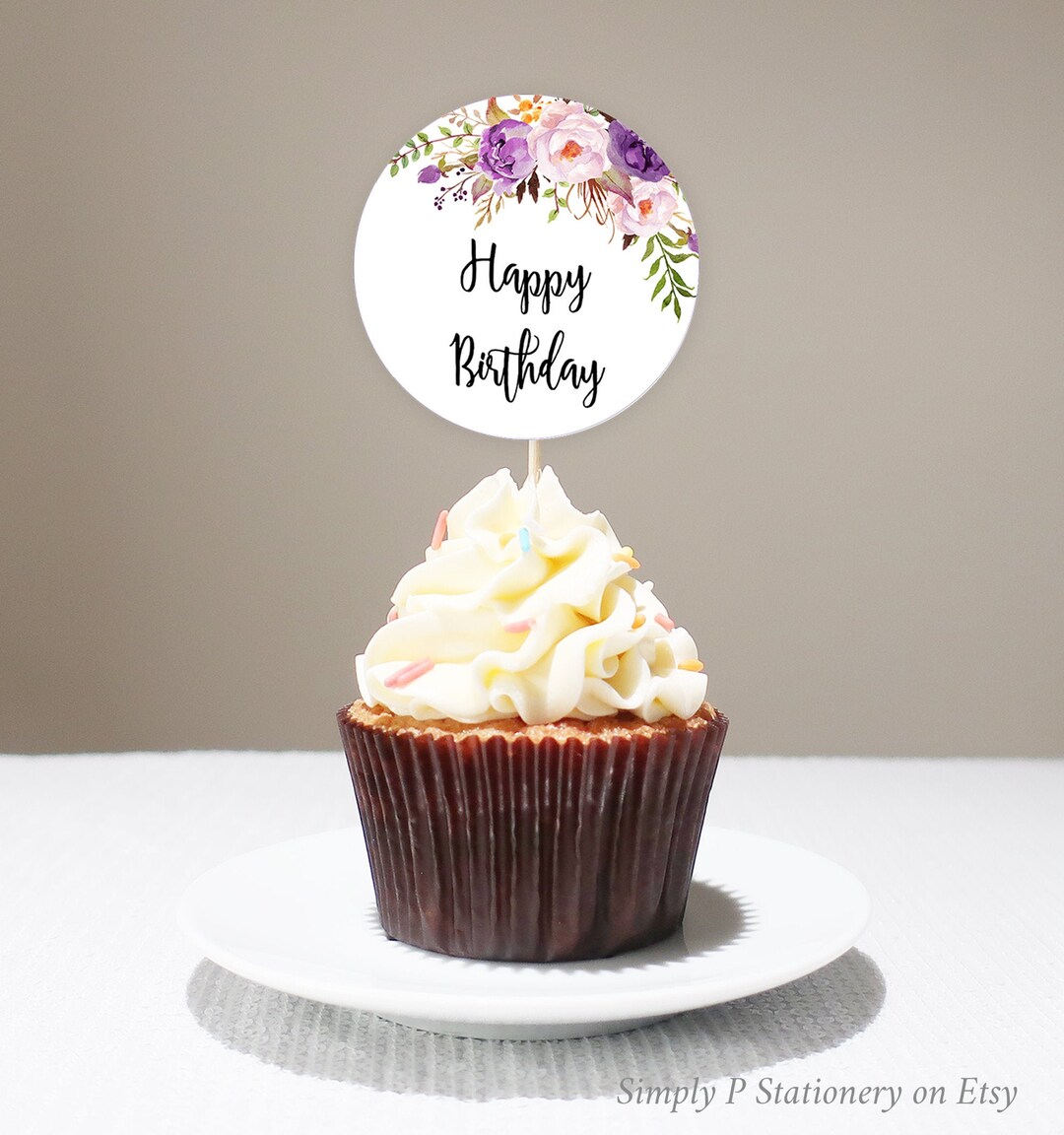 Purple Boho Editable Birthday Cupcake Toppers, Printable Cupcake Topper ...