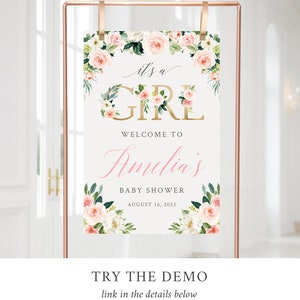 Pink Floral Editable It's a Girl Baby Shower Welcome Sign, Blush ...