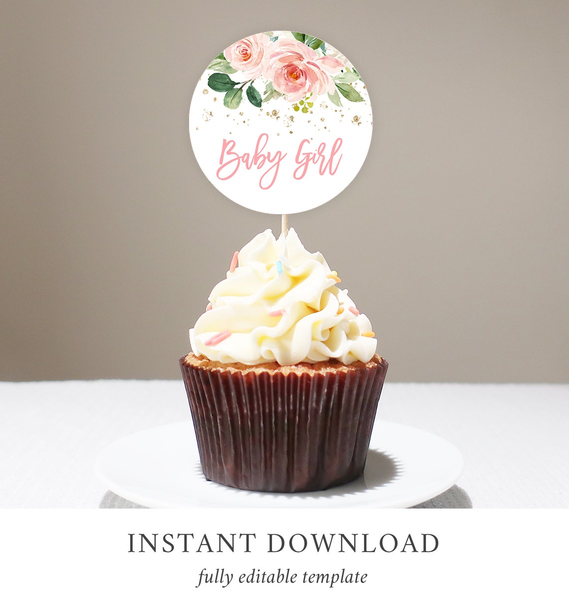 Pink Gold Floral Editable Cupcake Toppers Blush Printable - Etsy