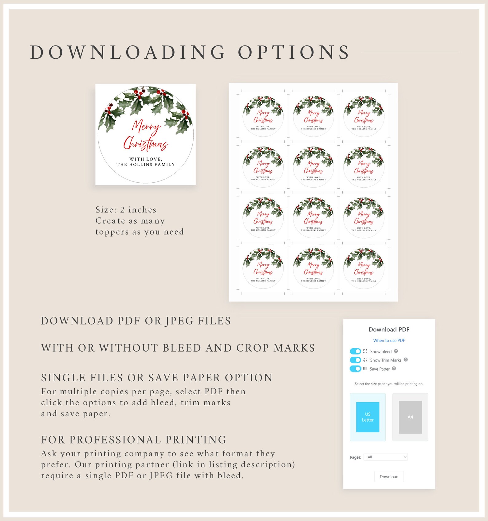 Editable Round Holly Christmas Gift Tag, Printable Holly Holiday Label ...