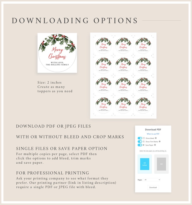 Editable Round Holly Christmas Gift Tag, Printable Holly Holiday Label ...