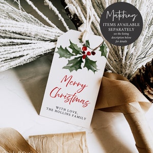 Editable Round Holly Christmas Gift Tag, Printable Holly Holiday Label ...