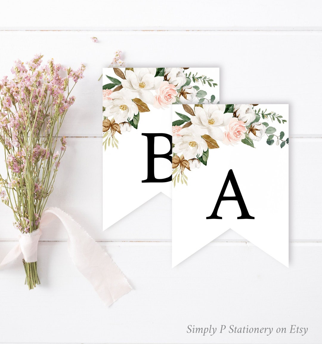 Magnolia Editable Bunting, White Pink Floral DIY Banner Template ...
