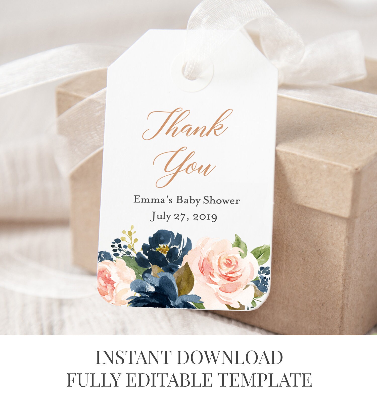 Navy Blush Rose Gold Editable Tag Pink Blue Floral Favor Tag - Etsy