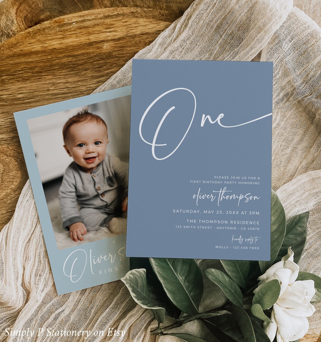 Dusty Blue First Birthday Invitation, Boy Birthday Invite, Modern 1st ...