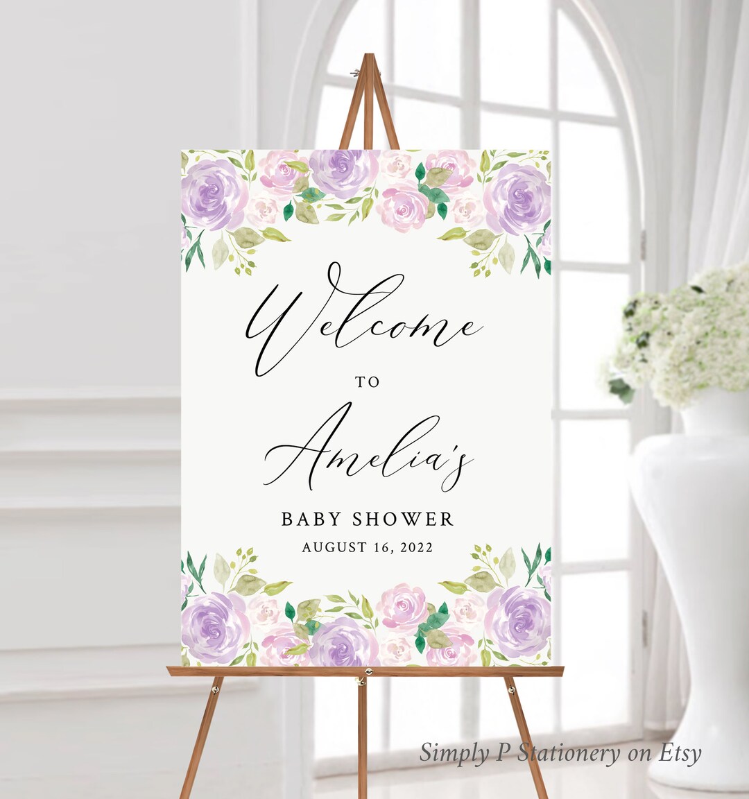 Lilac Floral Editable Welcome Sign, Lavender Greenery Baby Shower Sign ...