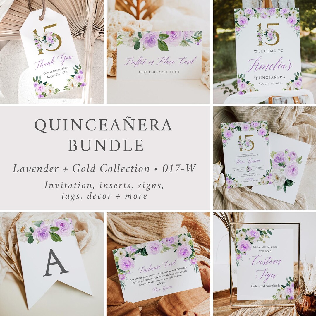 Editable Quinceañera Bundle, Lilac Gold Mis Quince Invitation Set, XV ...