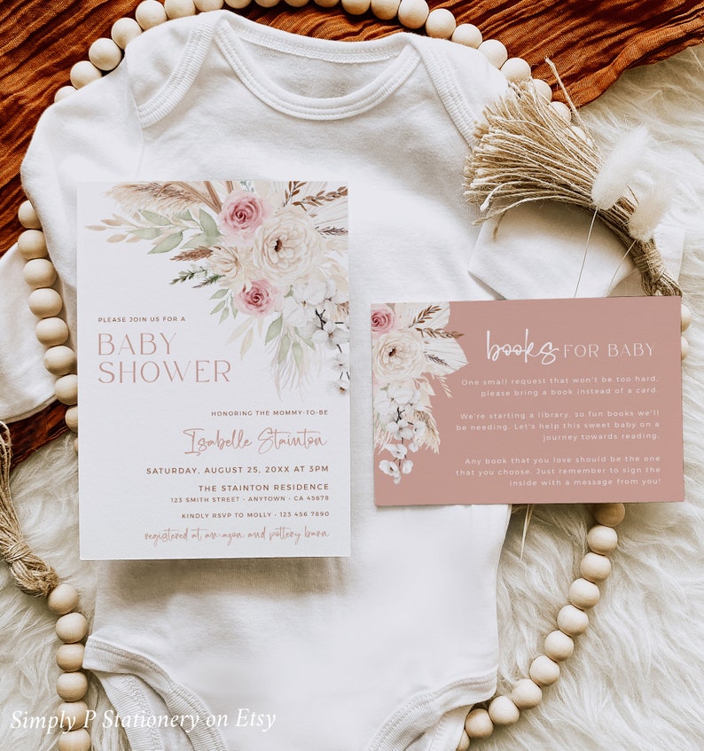 Boho Baby Shower Invitation Set, Pampas Grass Invite Bundle, Girl Baby ...