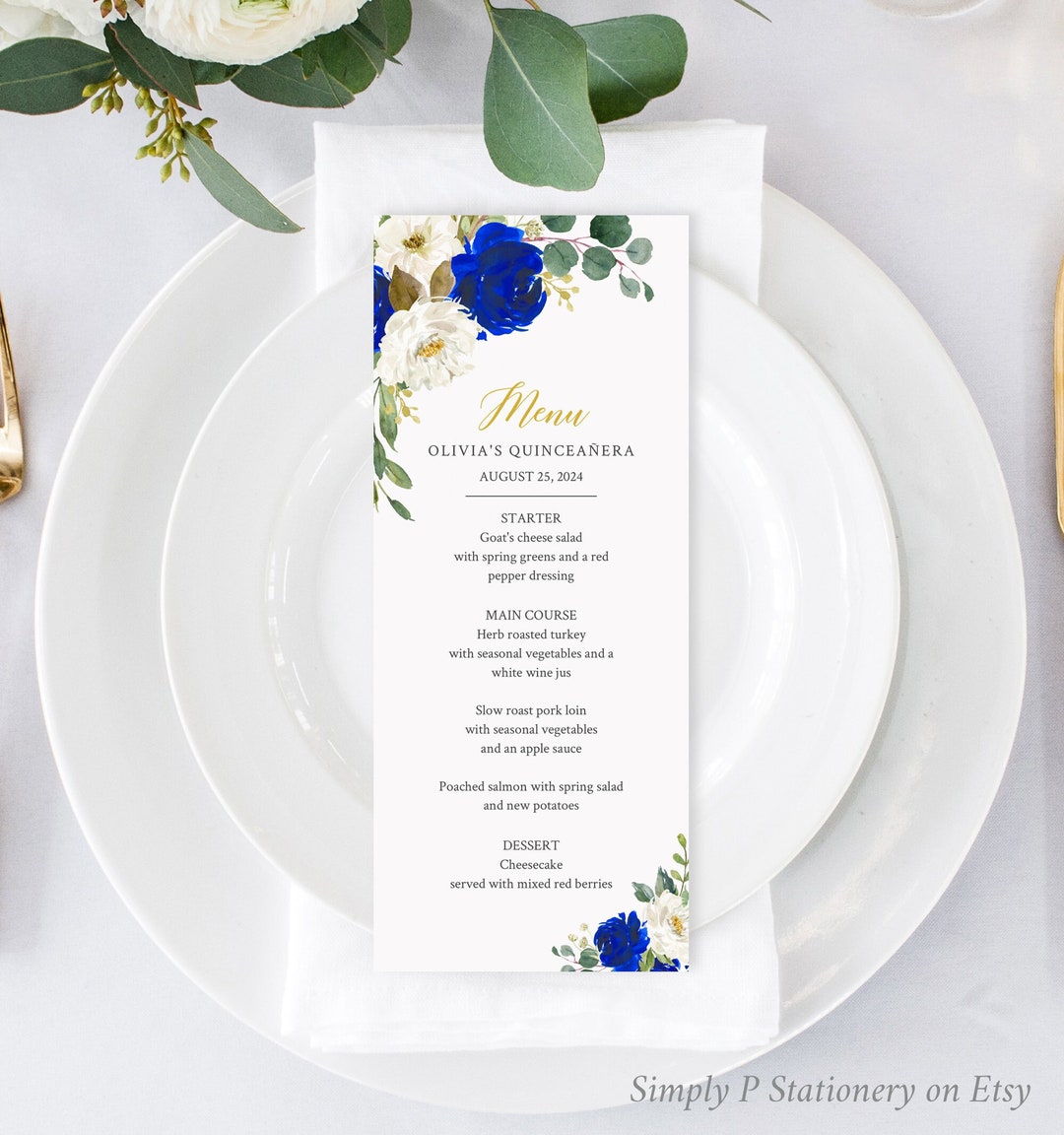 Editable Quinceanera Menu, Royal Blue Gold Floral Party Menu Template ...
