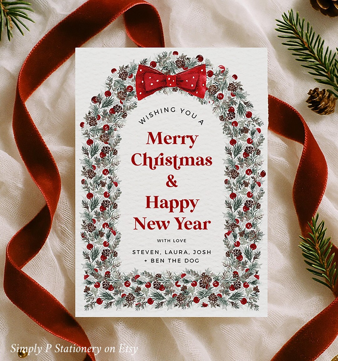 Bow Christmas Card Without Photo, Editable Holiday Card No Picture, Non ...