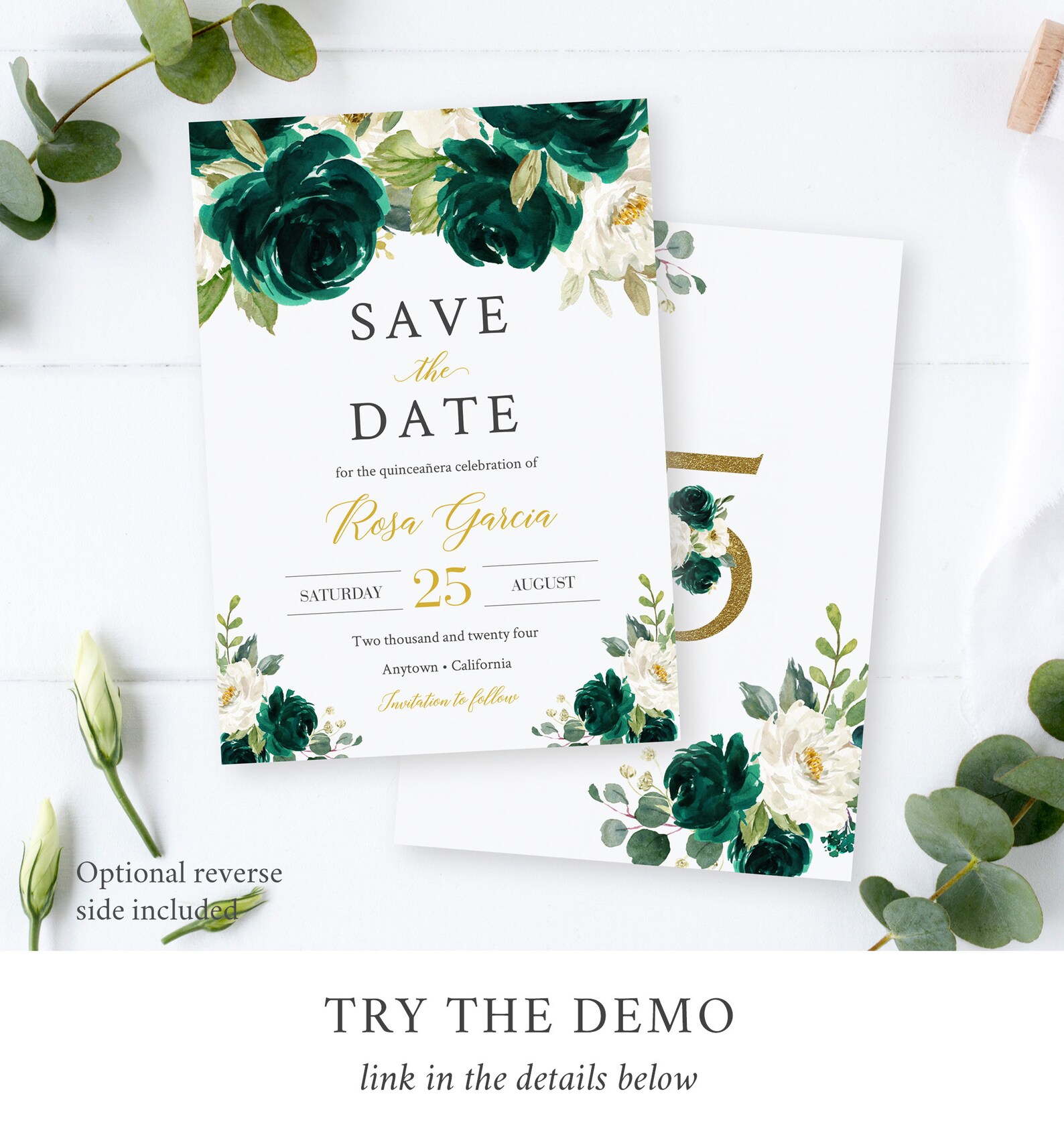 Emerald Green Gold Floral Quinceanera Editable Save the Date - Etsy
