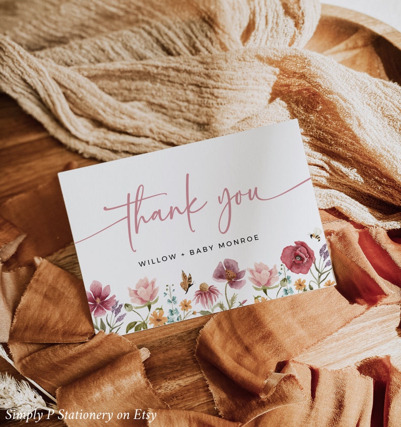 Wildflower Thank You Card, Girl Baby Shower Thank You, Meadow Flower ...