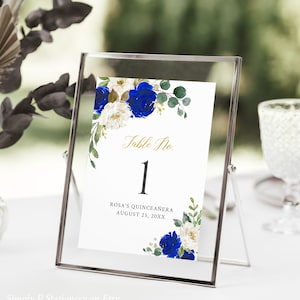Quinceanera Table Numbers, Royal Blue Gold Quince Table Number Template ...