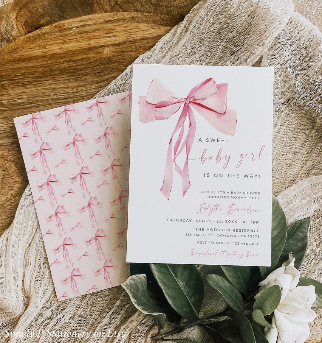 Pink Bow Baby Shower Invitation Girl Baby Shower Invite, Blush Ribbon ...