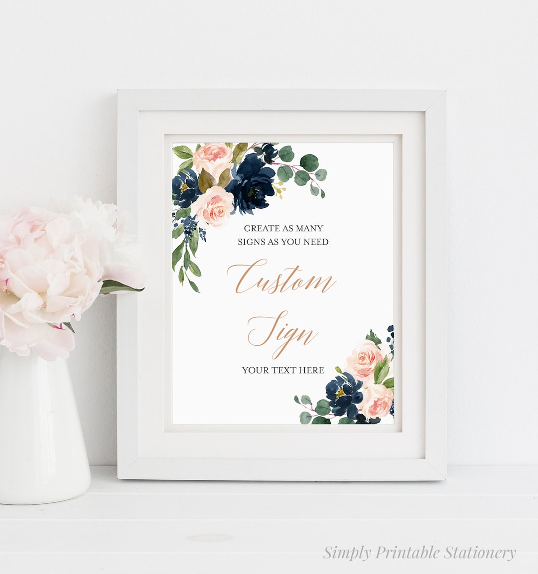 Navy Blush Rose Gold Floral Editable Custom Sign, Baby Bridal Shower ...