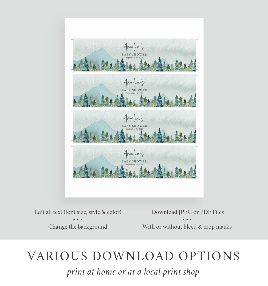 Mountains Editable Personalised Water Bottle Labels Woodland - Etsy