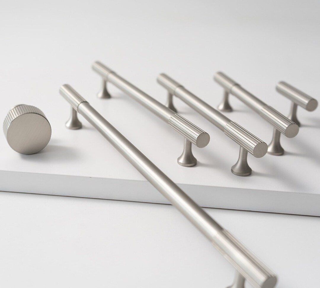 Brushed Nickel Vertical Texture Solid Brass Cabinet Handle - Etsy
