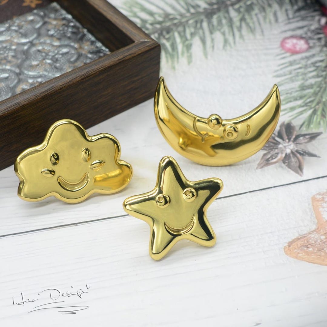 Solid Brass Star Moon Cloud Cabinet Knobs Dresser Wardrobe Drawer ...