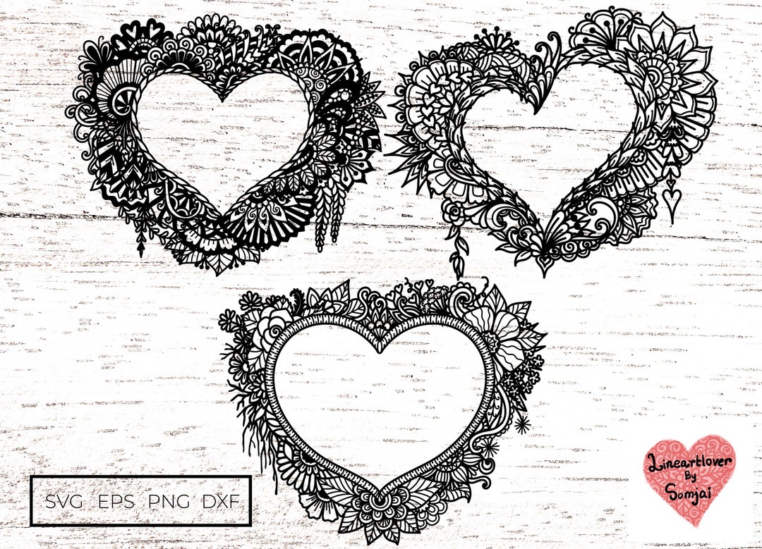 3 Floral Mandala Heart Frames Svg / Mandala Svg / Heart Svg / Flowers ...