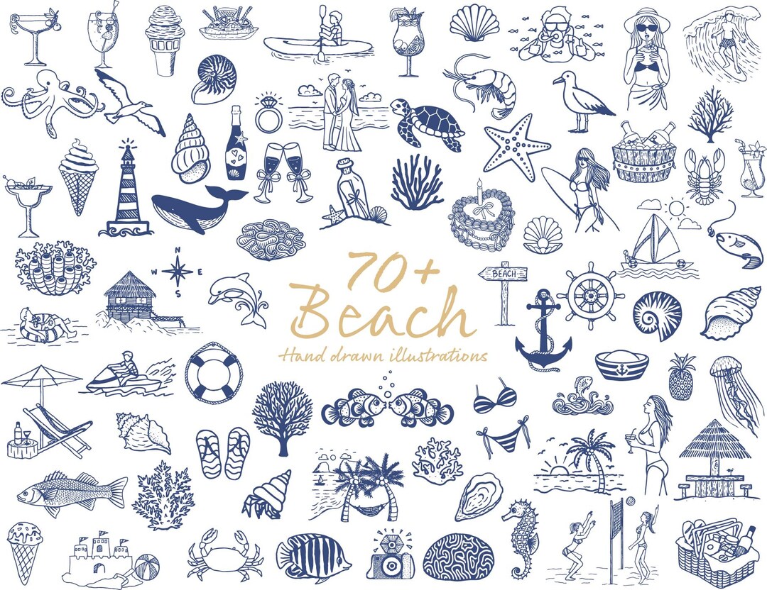 70+ Beach Hand-drawn Illustrations | Summer Clipart Bundle | Digital ...