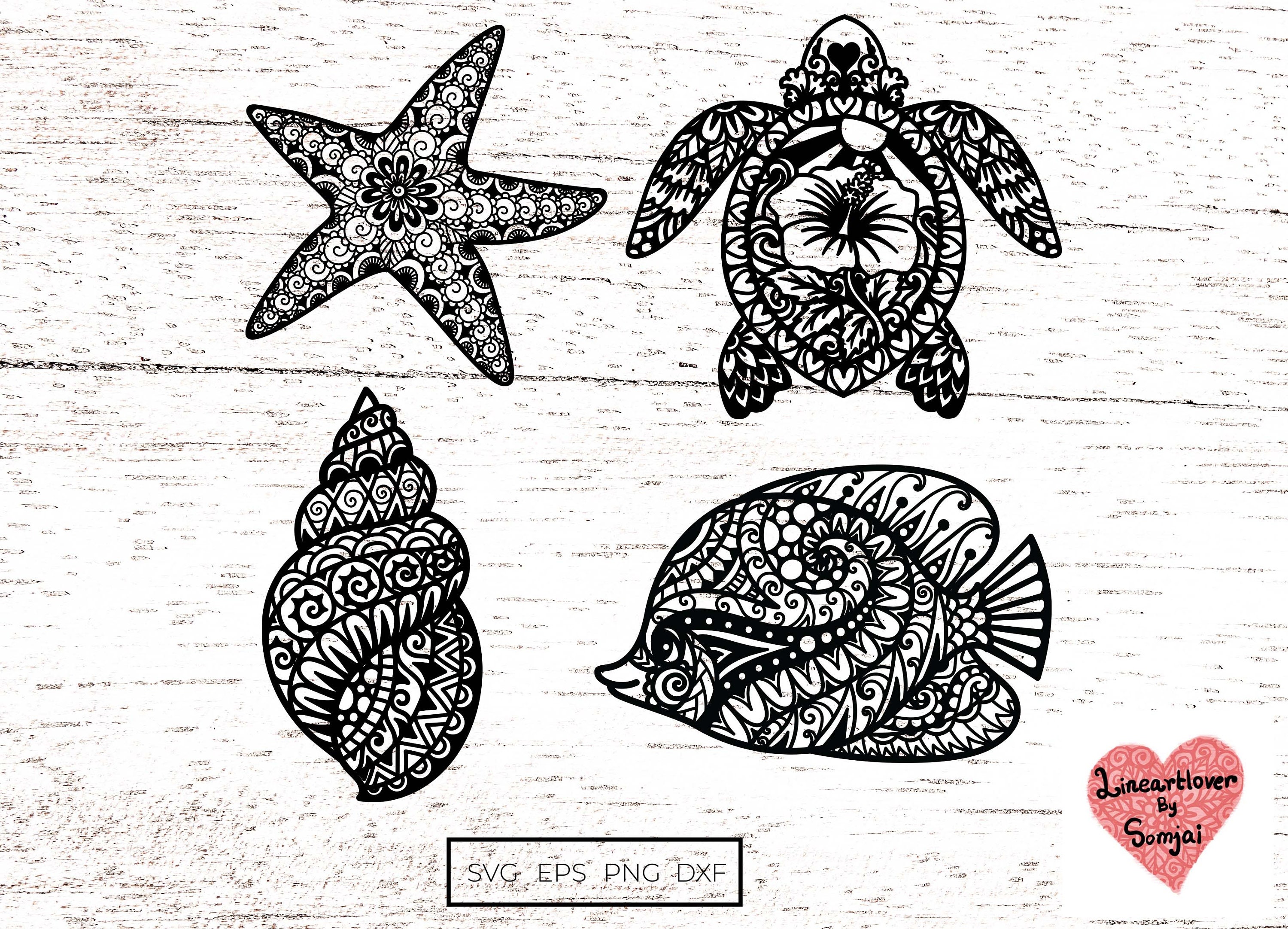 4 Sea Animals Mandala Svg / Sea Turtle Svg / Shell Svg / | Etsy